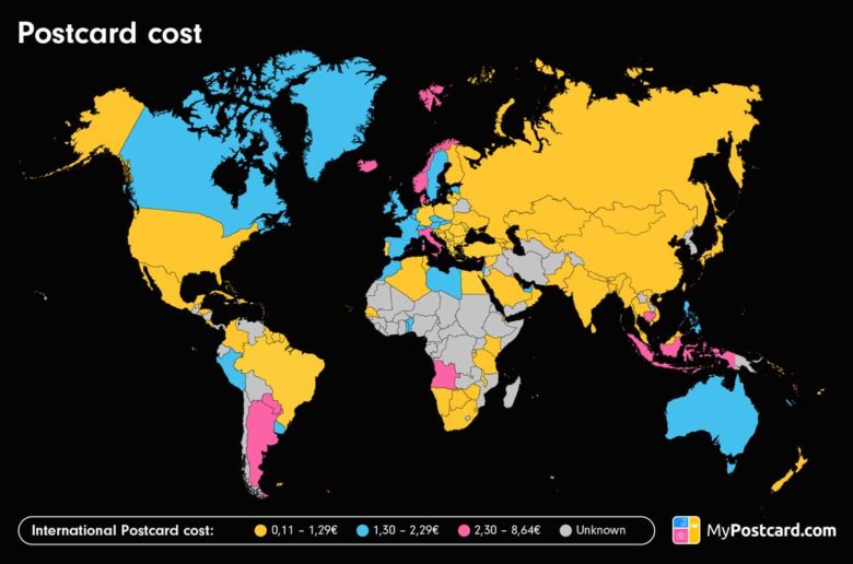 International postcard postage - World Map with postage costs of all ...